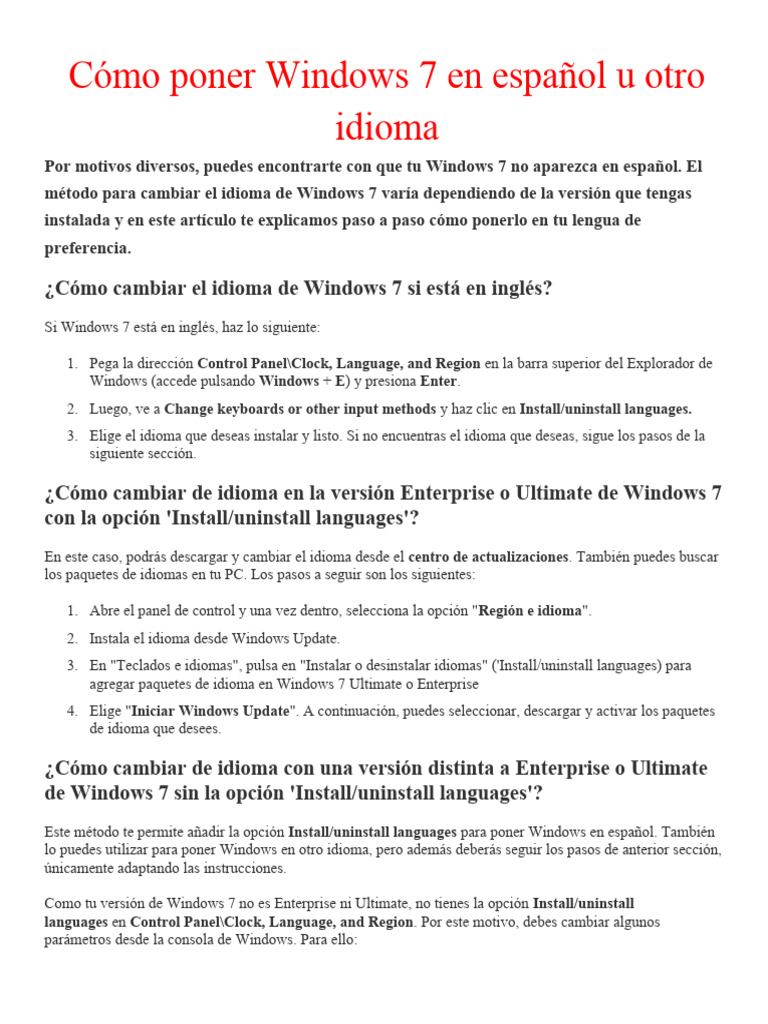 Cómo Poner Windows 7 en Español | PDF | Windows 7 | Archivo de computadora