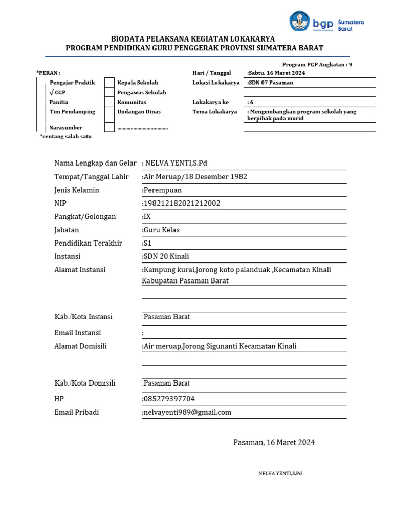 2024 Blanko BIODATA Peserta Lokakarya PGP | PDF