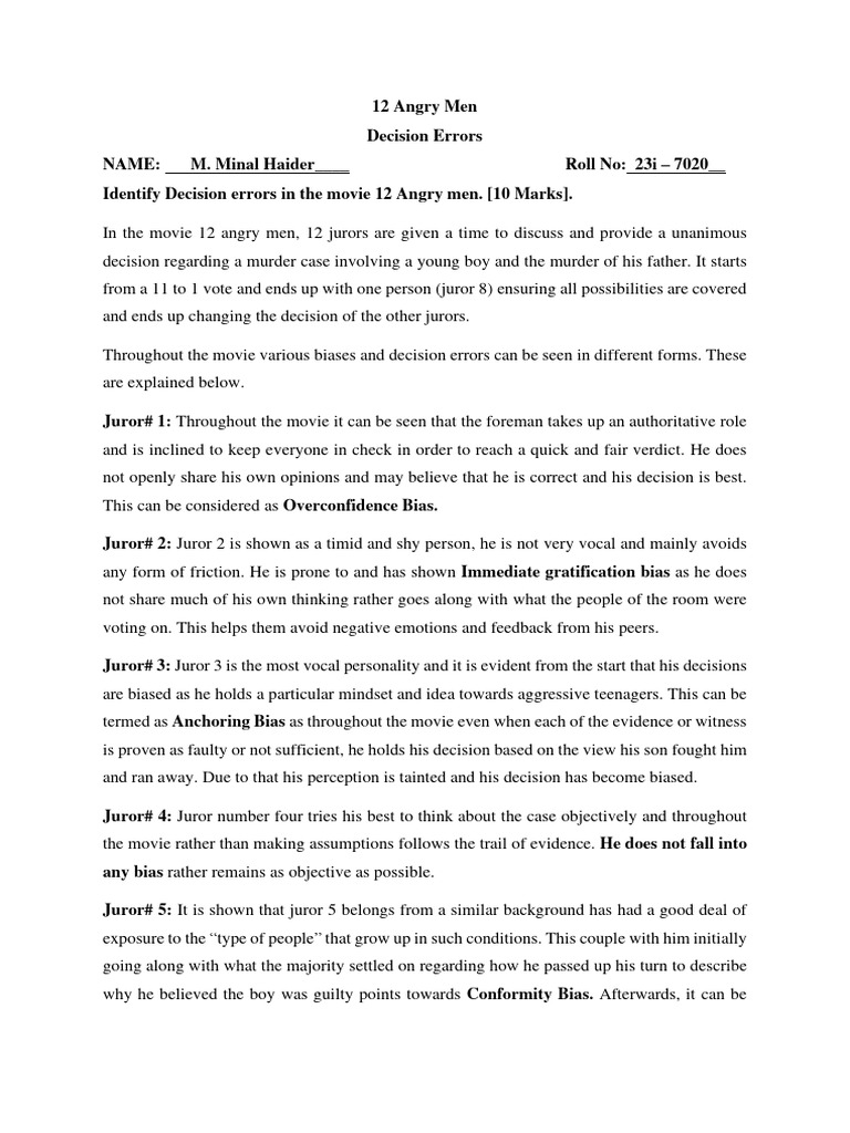 12 Angry Men Assignment | PDF | Bias | Decision Making