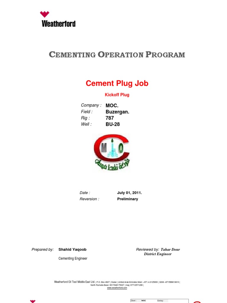 KickOff Plug Job Procedure 1 | PDF | Casing (Borehole) | Drilling Rig