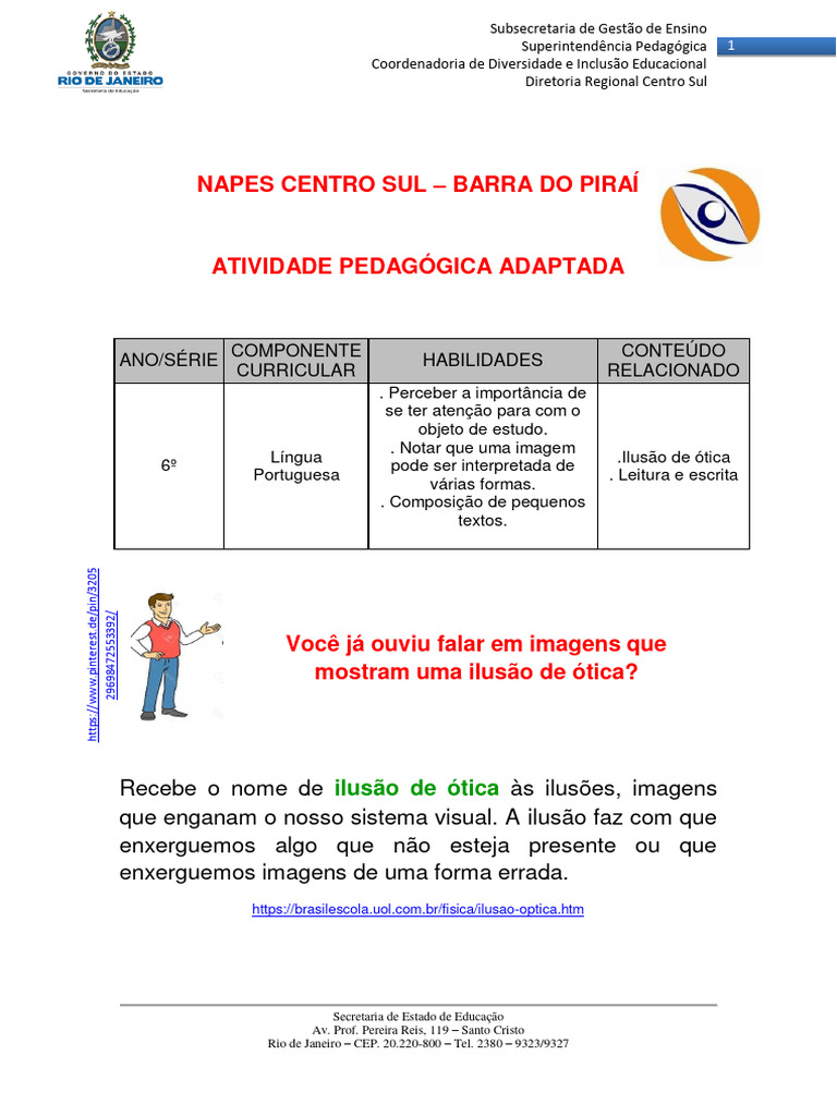 Portugues Atividade Ilusão de Otica 6 Ano AEE PM Barra Do Pirai | PDF | Pedagogia | Imagem