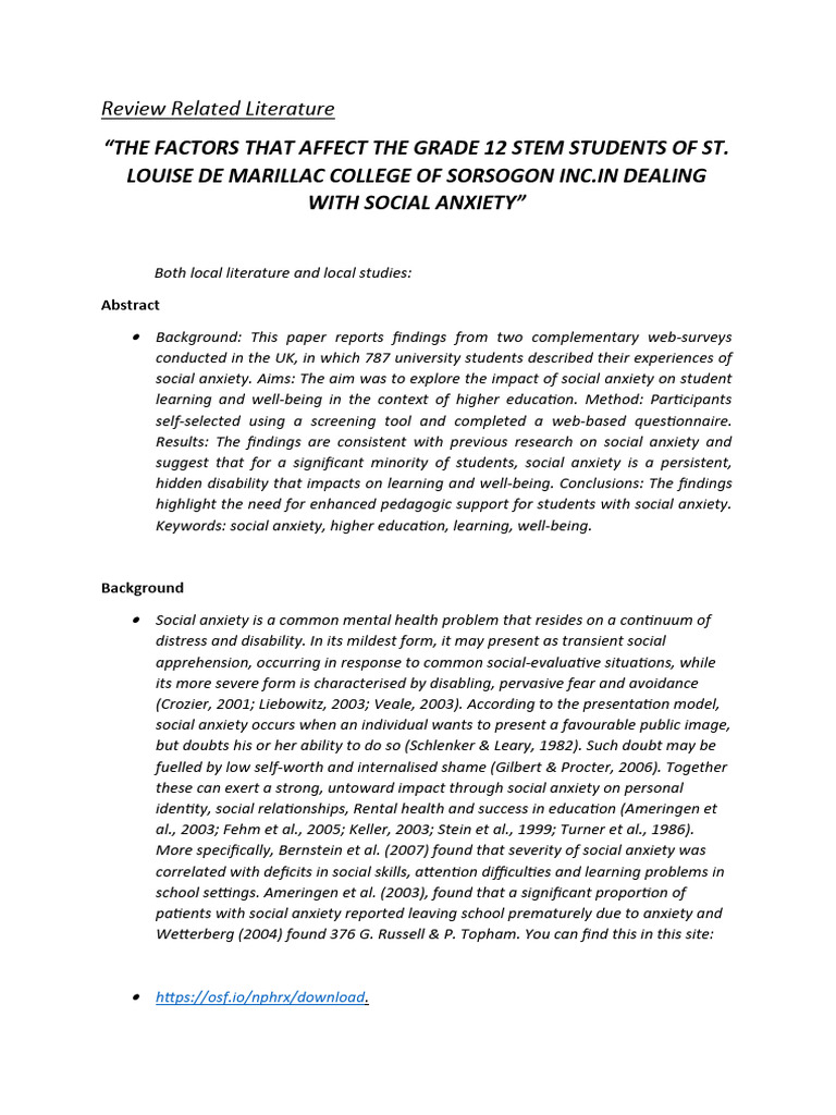 Local Literature and Local Studies | PDF | Anxiety | Social Anxiety