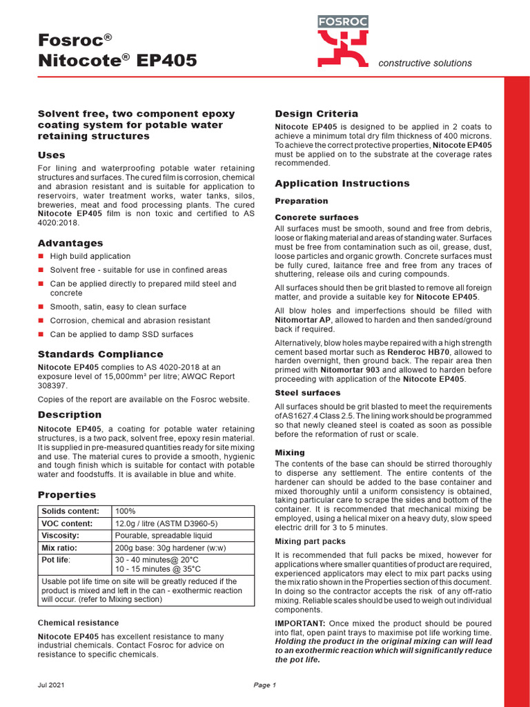 Fosroc_Nitocote_EP405_TDS | PDF | Concrete | Epoxy