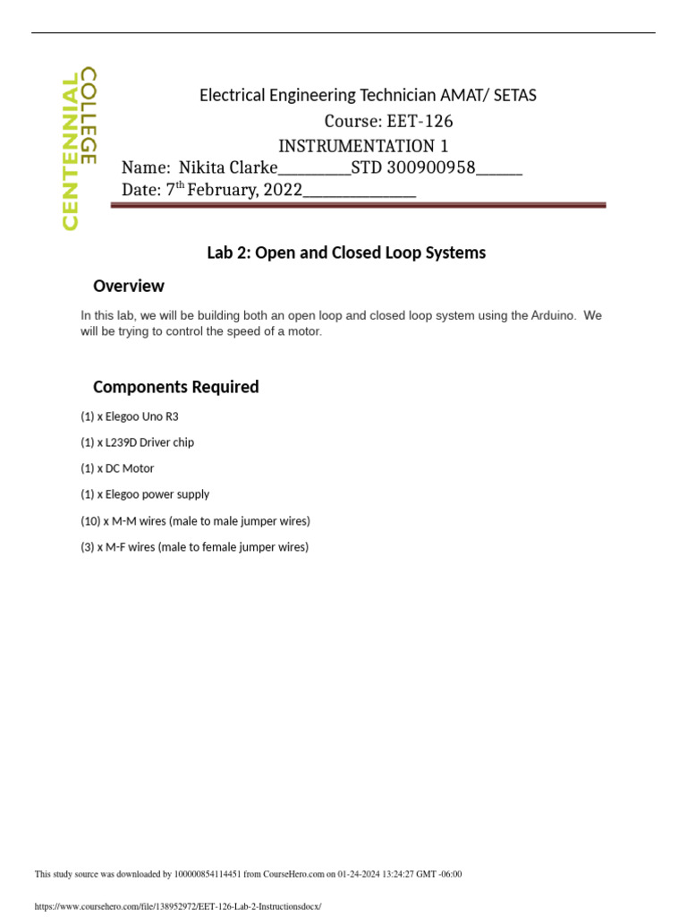 EET 126 Lab 2 Instructions | PDF | Arduino | Feedback