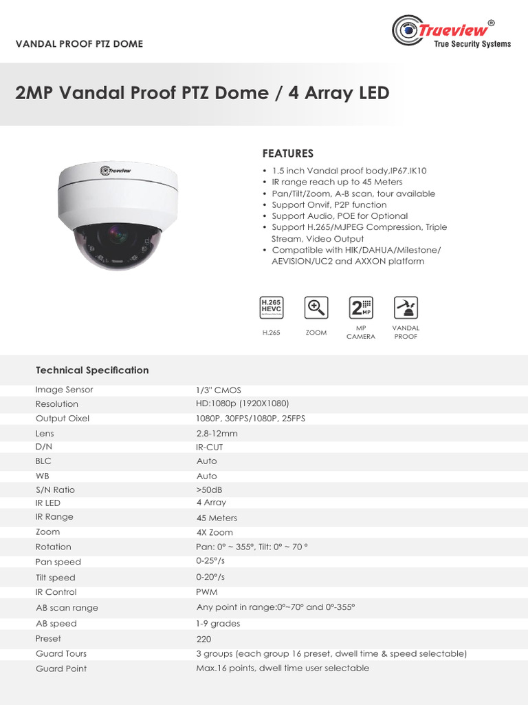 PTZ 2MP Vandal Proof PTZ Dome 4 Array LED | PDF | Streaming Media | Digital Technology
