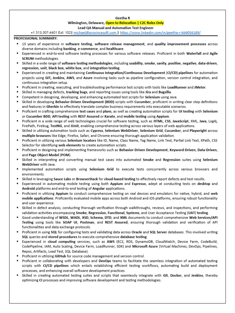 Geetha Senior QA Automation and Manual Engineer | PDF | Selenium ...