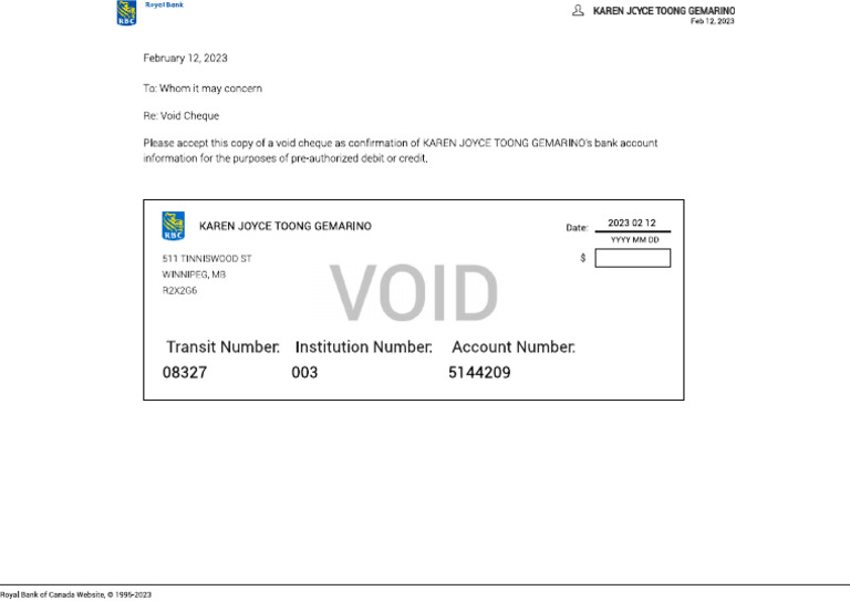 View and Print Void Cheque RBC Online Banking | PDF