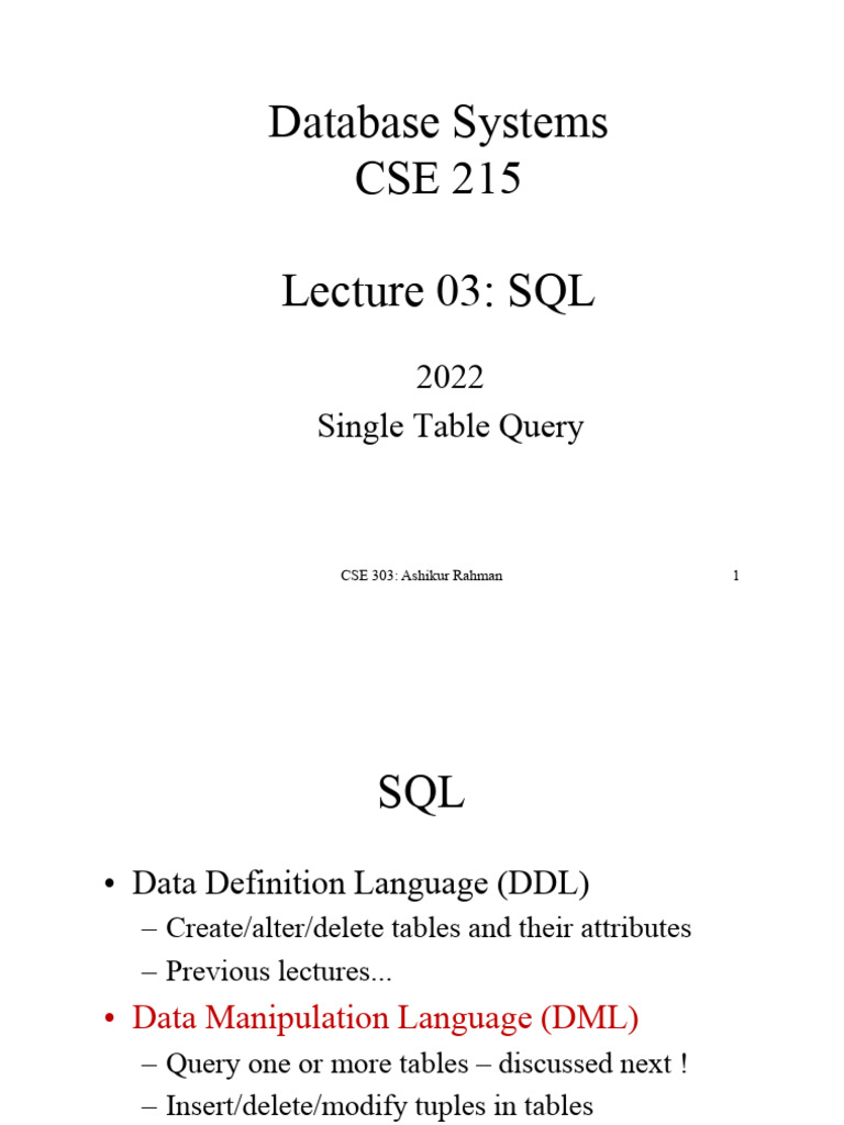 CSE 303 Lec 3 SingleTableQuery | PDF | Sql | Data Model
