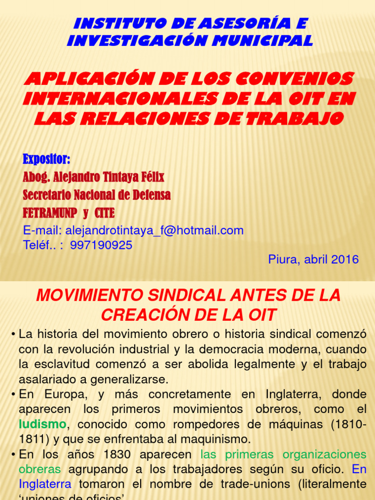 Aplicación de Los Convenios Internacionales de La OIT en Las Relaciones ...