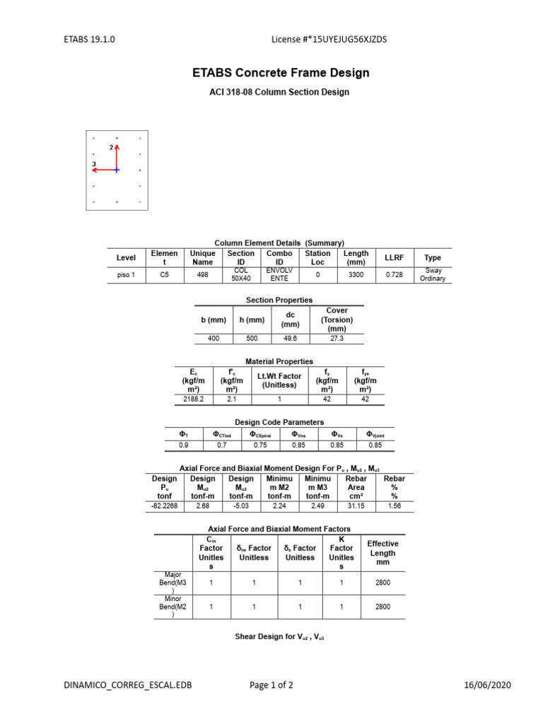 ETABS Concrete Frame Design: ETABS 19.1.0 License # 15UYEJUG56XJZDS ...