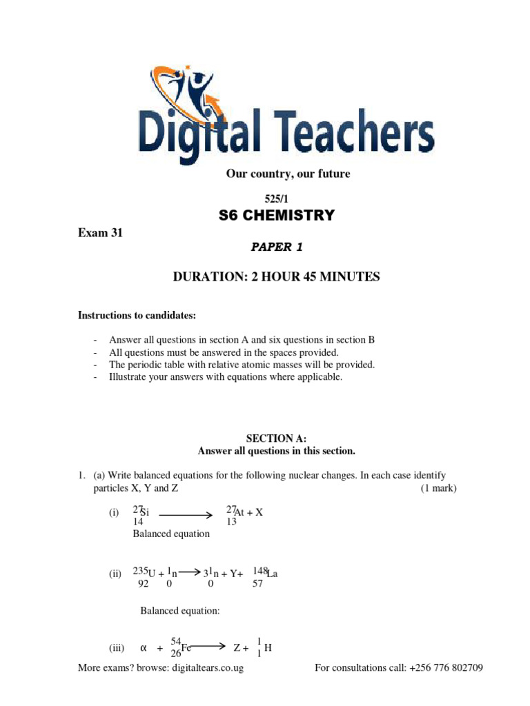 S6 Chemistry Exam Paper 1 | PDF | Chemistry | Chemical Substances
