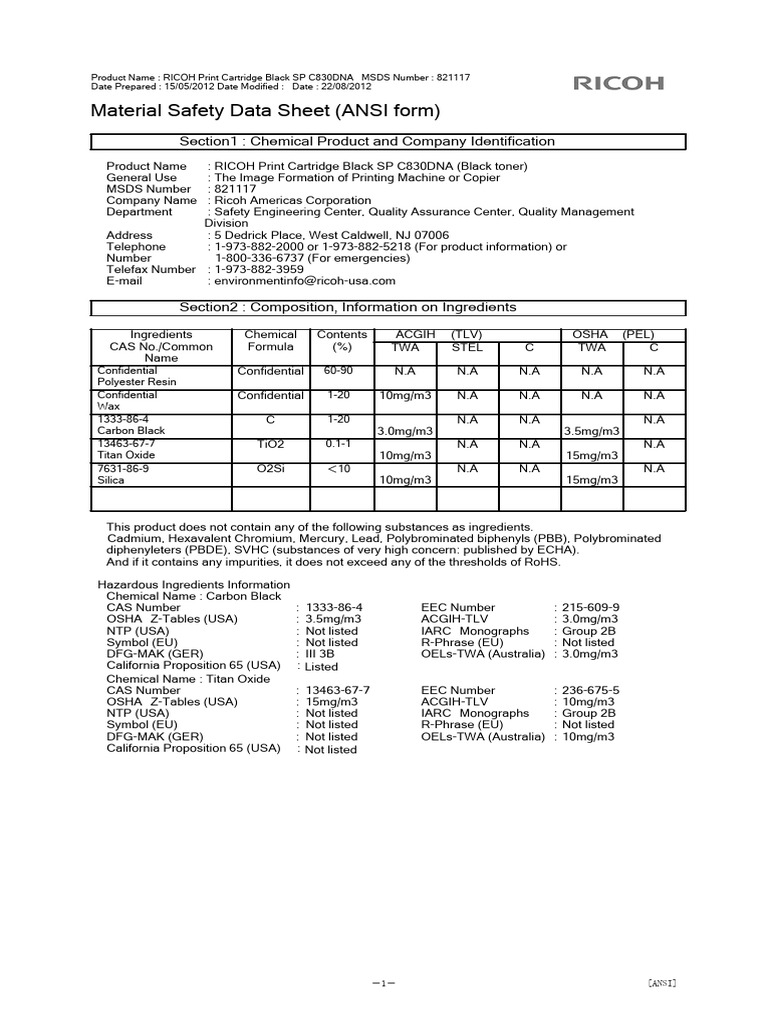 Toner MP 305 Ricoh 2020329 | PDF | Toxicity | Occupational Safety And ...