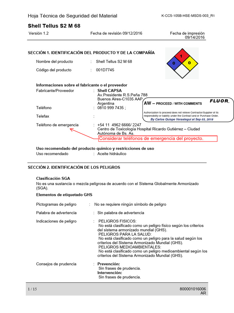 Aceite K Cc5 105b Hse Msds 003 - r1 Eaw (Shell Tellus s2 M 68 | PDF | Agua | Toxicidad