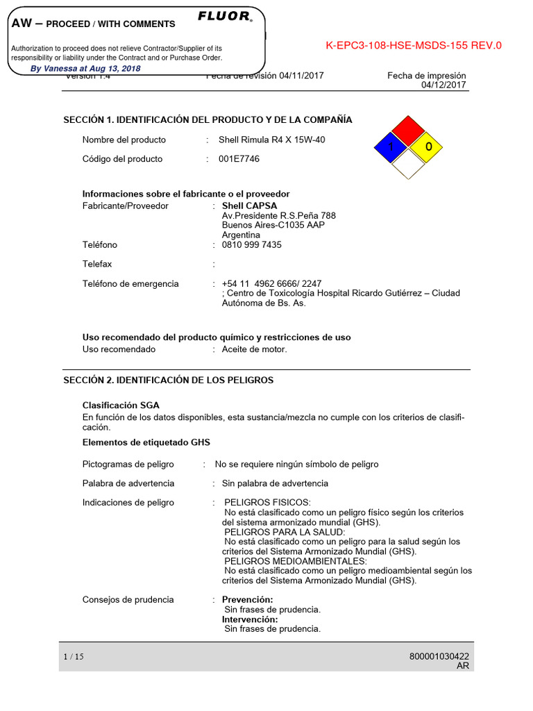 Aceite K-epc3-108-Hse-msds-155 R0-Eaw (Shell Rimula r4 X 15w 40 | PDF ...