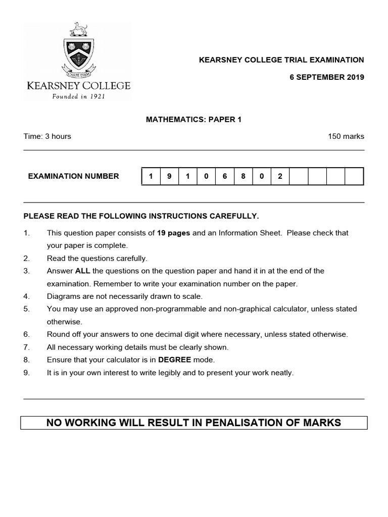 2019 - Trial Examination Paper 1 | PDF | Function (Mathematics) | Equations