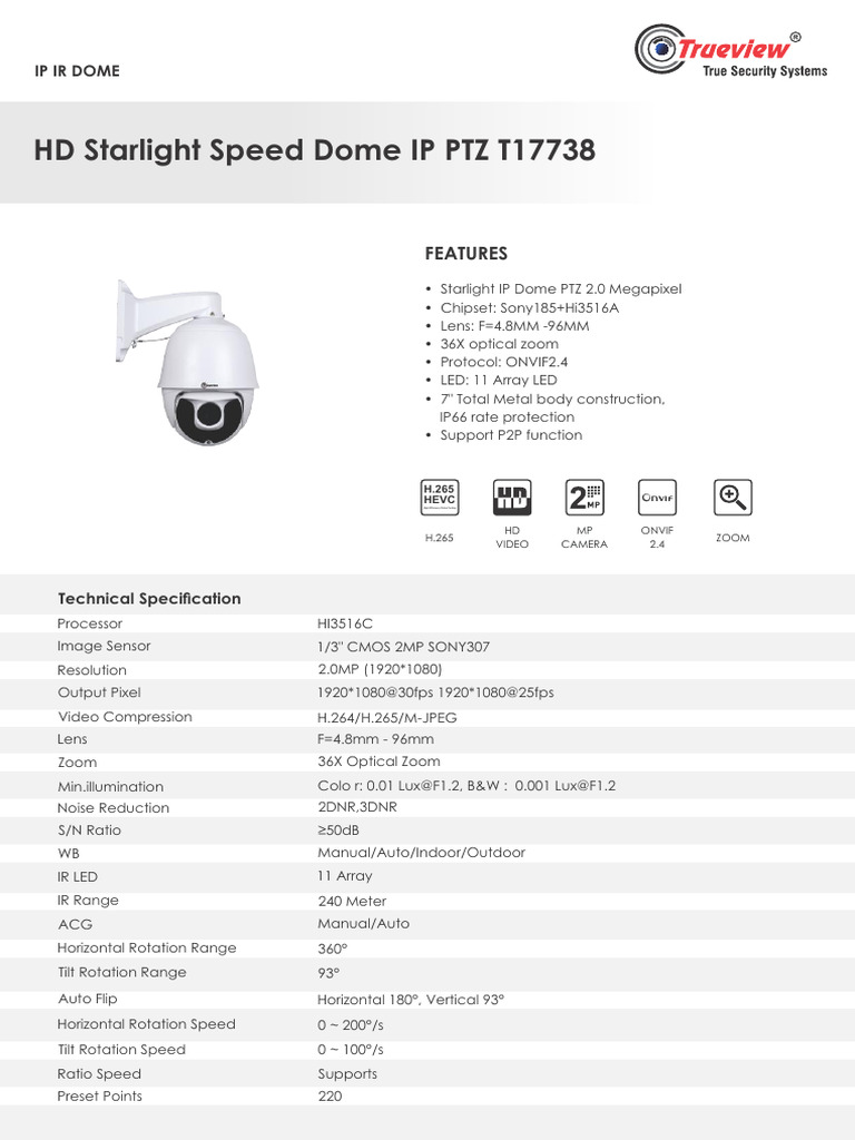 T17738 HD Starlight Speed Dome IP PTZ | PDF | Pixel | Video