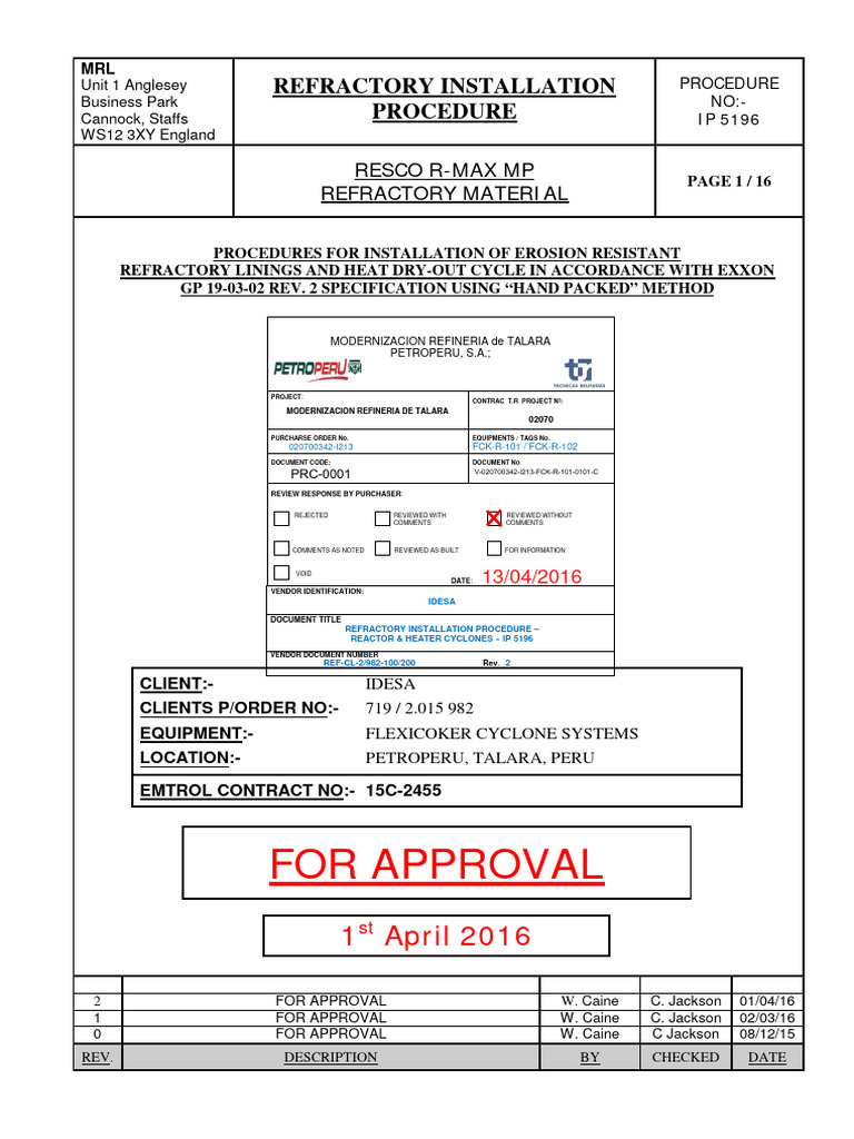 For Approval: Refractory Installation Procedure | PDF | Refractory | Water