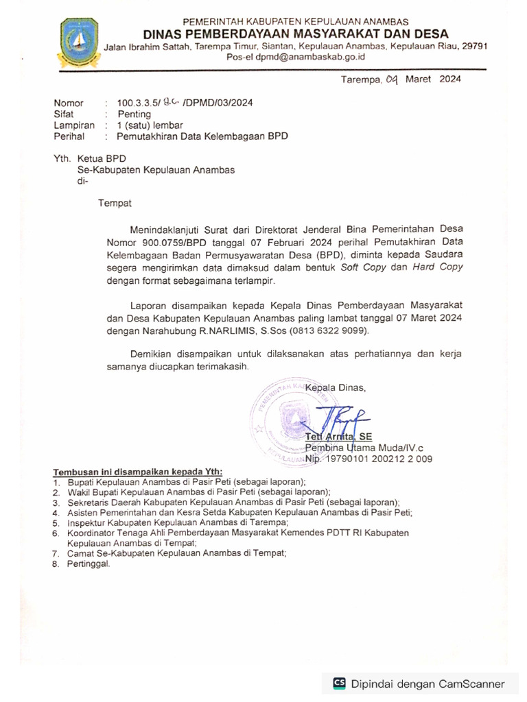 Surat Kadis DPMD Nomor 86 Tentang Pemutakhiran Data Kelembagaan BPD | PDF Surat Kadis DPMD Nomor 86 Tentang Pemutakhiran Data Kelembagaan BPD | PDF