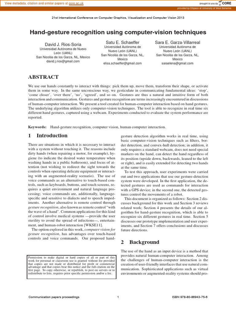 Hand-Gesture Recognition Using Computer-Vision Techniques: David J. Rios-Soria Satu E. Schaeffer ...