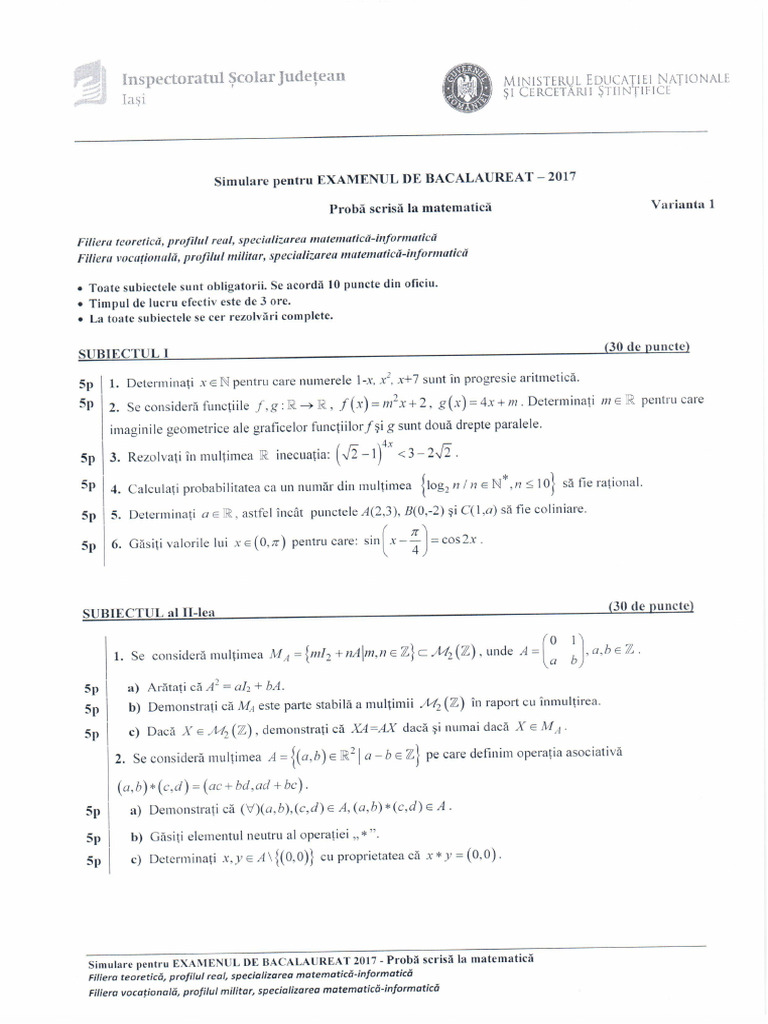 BAC E C Matematica M Mate-Info Dec 2016 Subiect | PDF