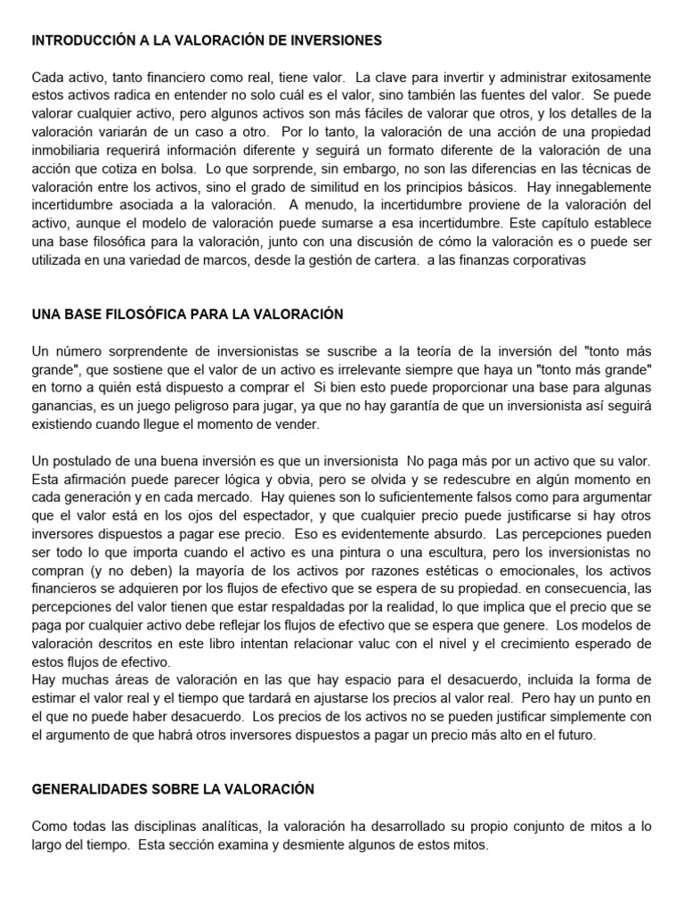 INTRODUCCIÓN A LA VALORACIÓN DE INVERSIONES | PDF | Compartir (Finanzas) | Mercado (economía)
