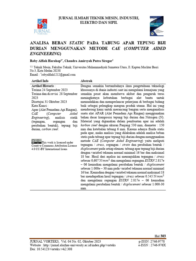 Analisa Beban Static Pada Tabung Apar Tepung Biji Durian Menggunakan Metode Cae (Computer Aided ...