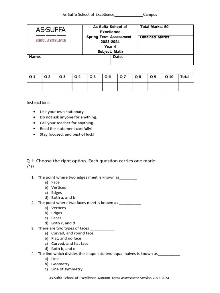 Spring Assessment Maths | PDF | Geometry | Mathematics