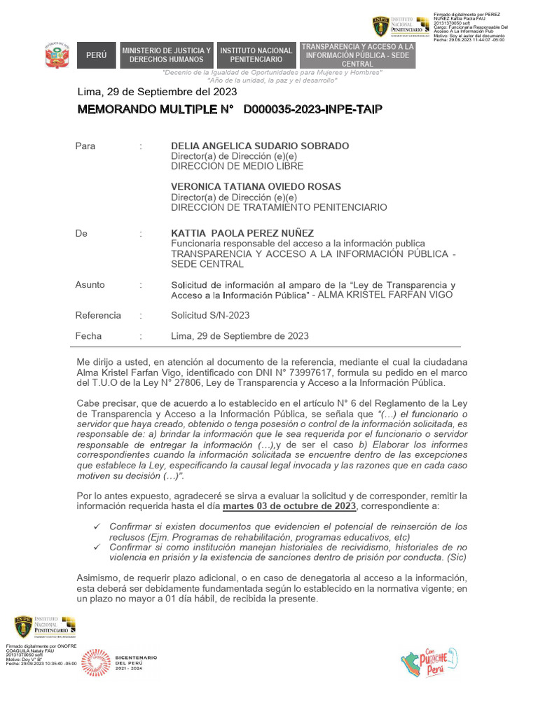 MEMORANDO MULTIPLE N° D000035-2023-INPE-DTP | PDF | Derechos humanos | Gobierno