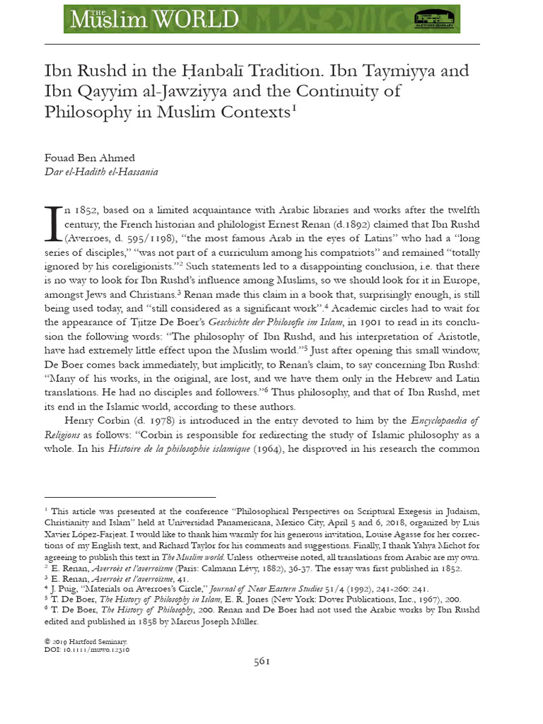 Ibn Rushd's Influence in Ḥanbalī Tradition | PDF | Islamic Philosophy