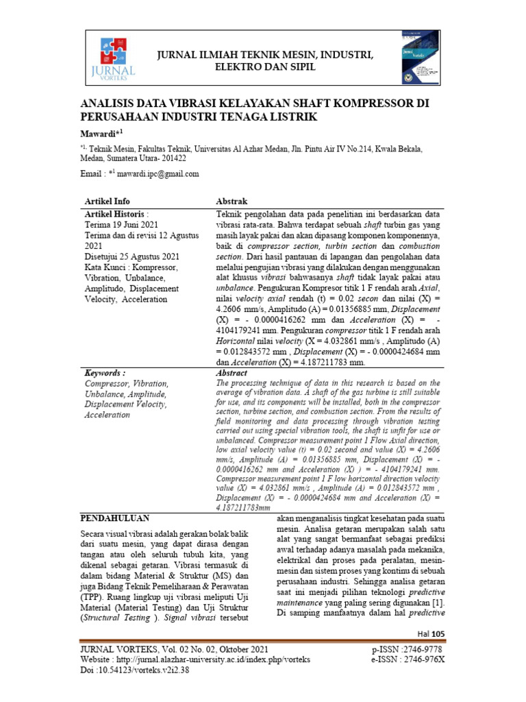 Analisis Data Vibrasi Kelayakan Shaft Kompressor Di Perusahaan Industri ...
