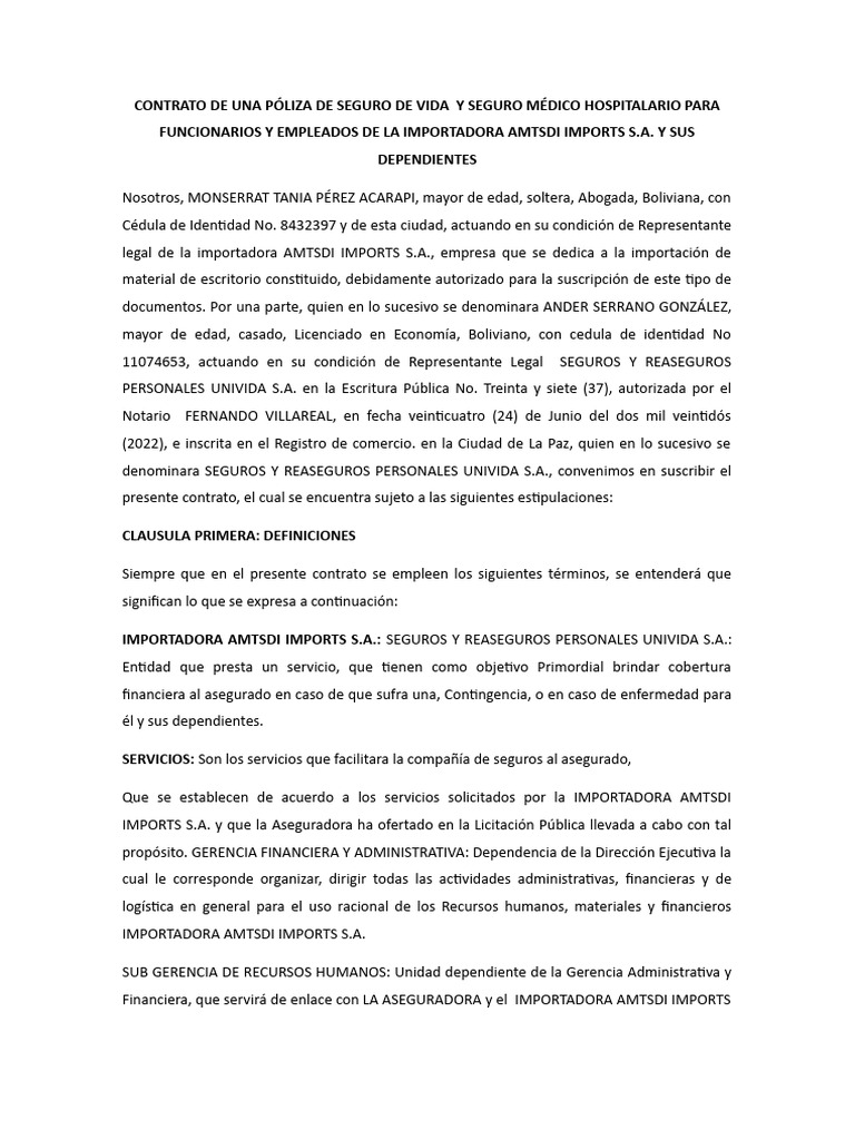 Contrato Con Univida | PDF | Póliza de seguros | Seguro