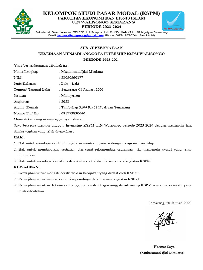 Surat Kesediaan Anggota Internship KSPM | PDF