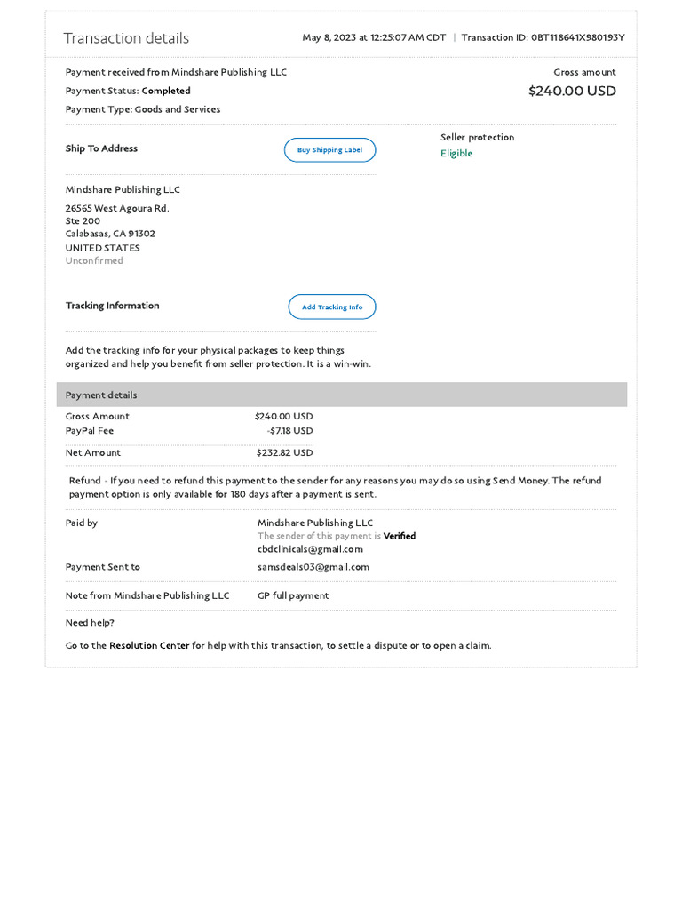 Transaction Details - PayPal | PDF