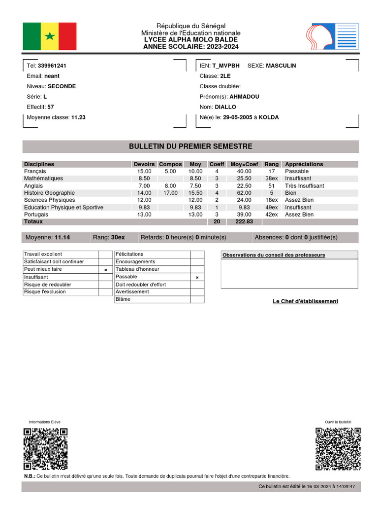 Bulletin Scolaire Semestre 1 Seconde L | PDF