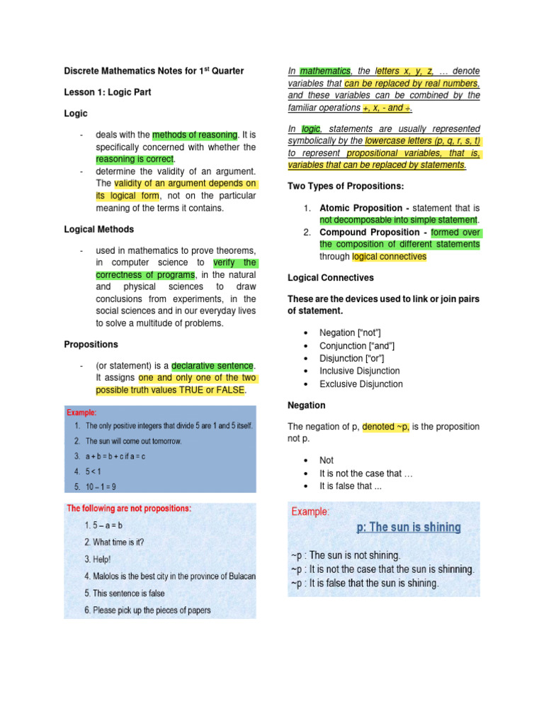Discrete Mathematics Notes For 1st Quarter | PDF | Logic | Argument