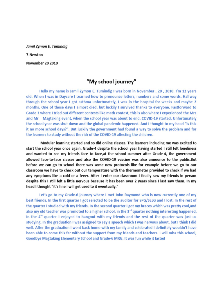 "My School Journey": Jamil Zymon E. Tumindig | PDF | Learning