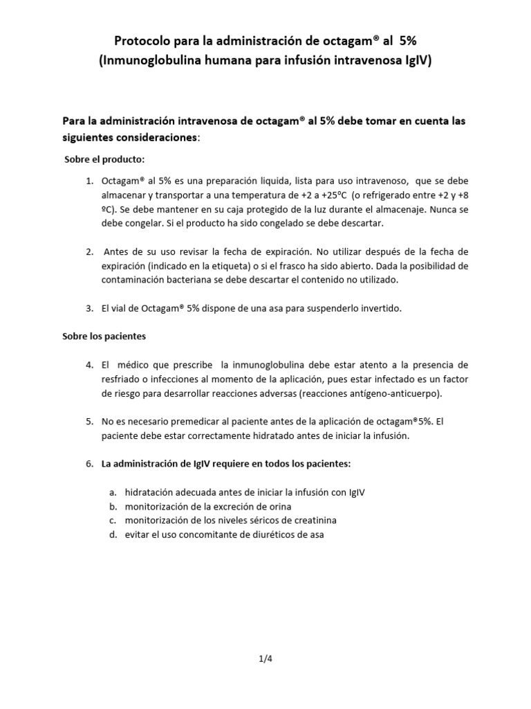 Protocolo de Infusión de Octagam | Descargar gratis PDF | Terapia ...