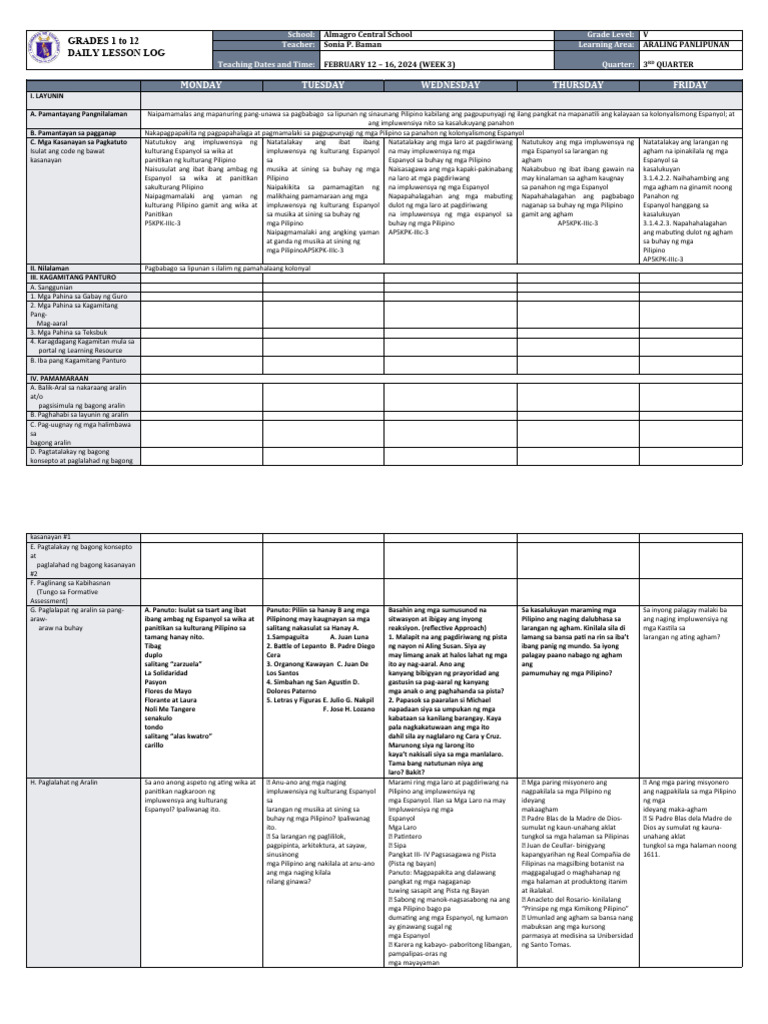 DLL - Araling Panlipunan 5 - Q3 - W3 | PDF