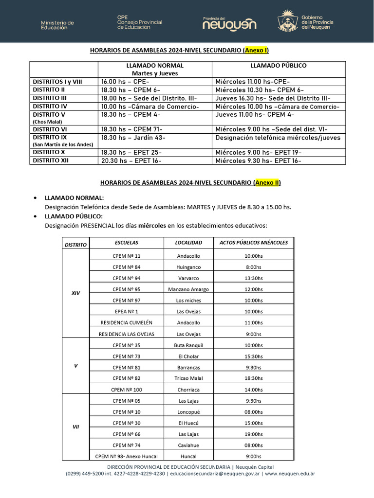 Horarios Asambleas 2024 | PDF