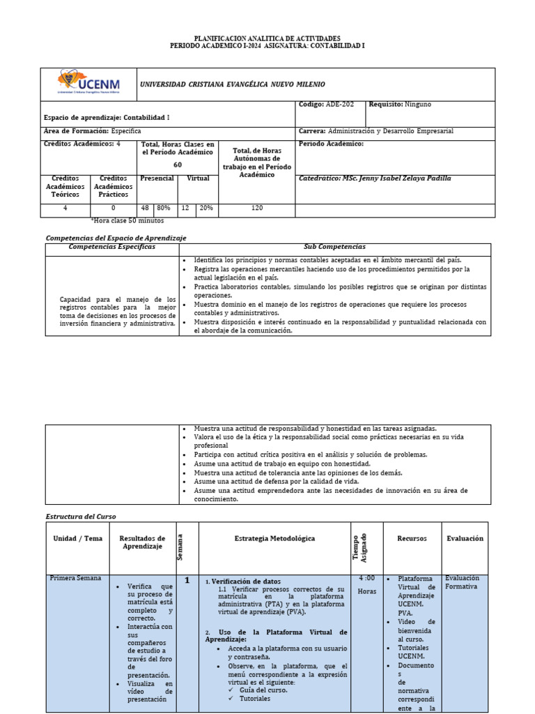 Planificacion Analitica Contabilidad I I-2024 | PDF | Contabilidad | normas internacionales de ...