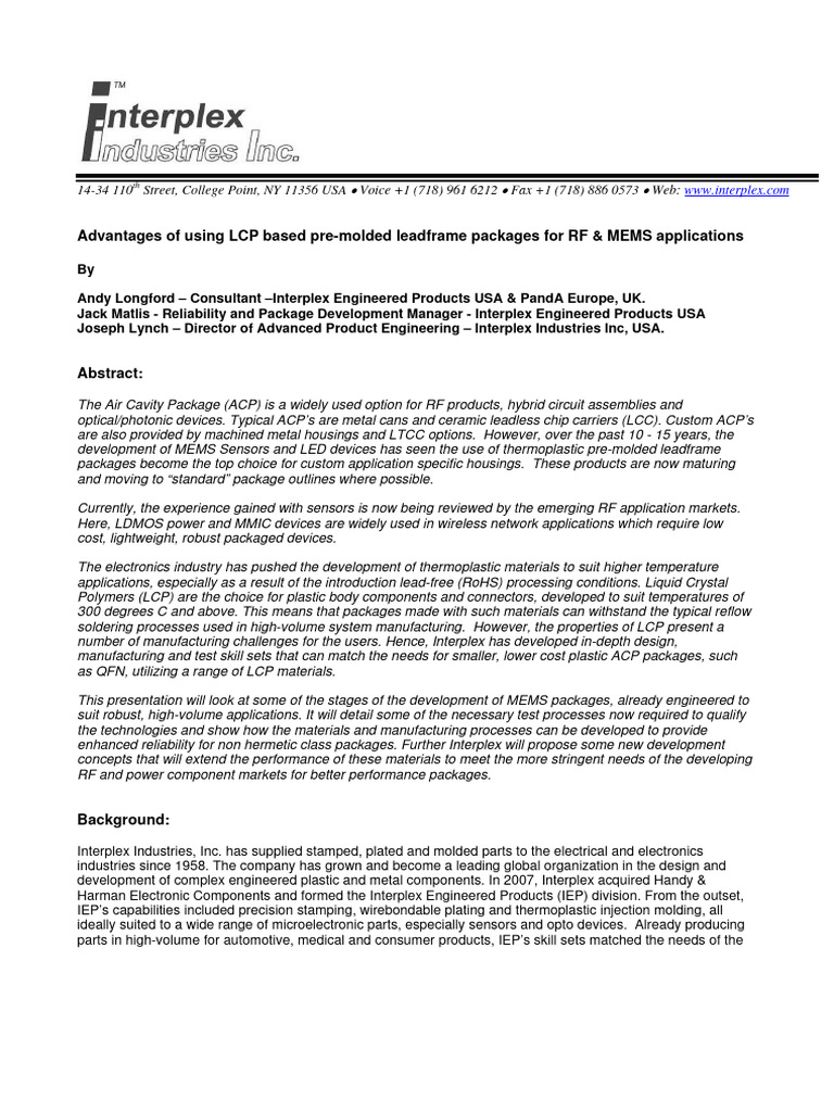 LCP Leadframe Packages for RF & MEMS | PDF | Physical Sciences | Materials