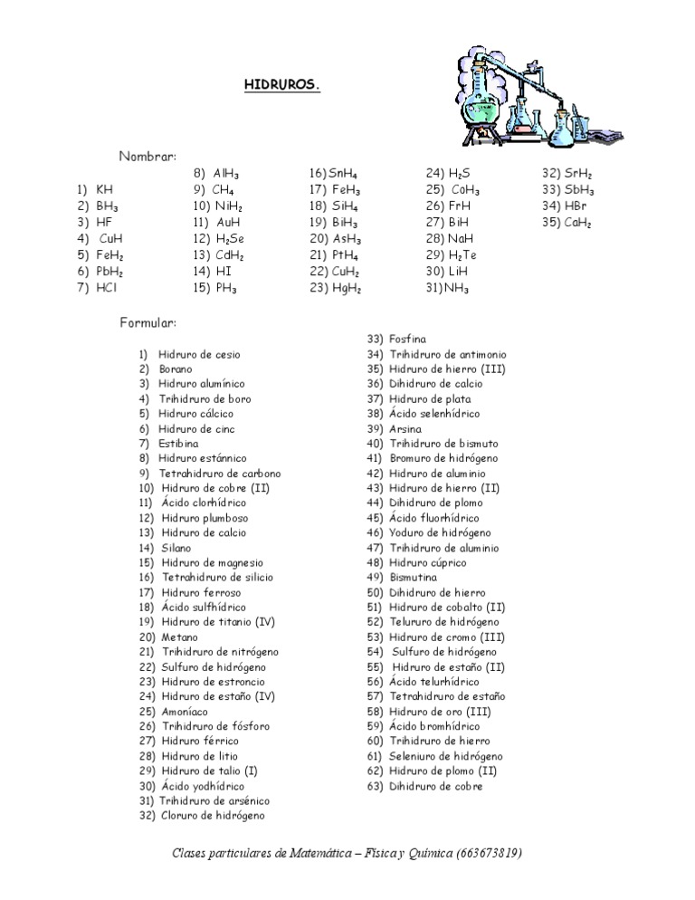 Ejercicios de formulación inorgánica: hidruros