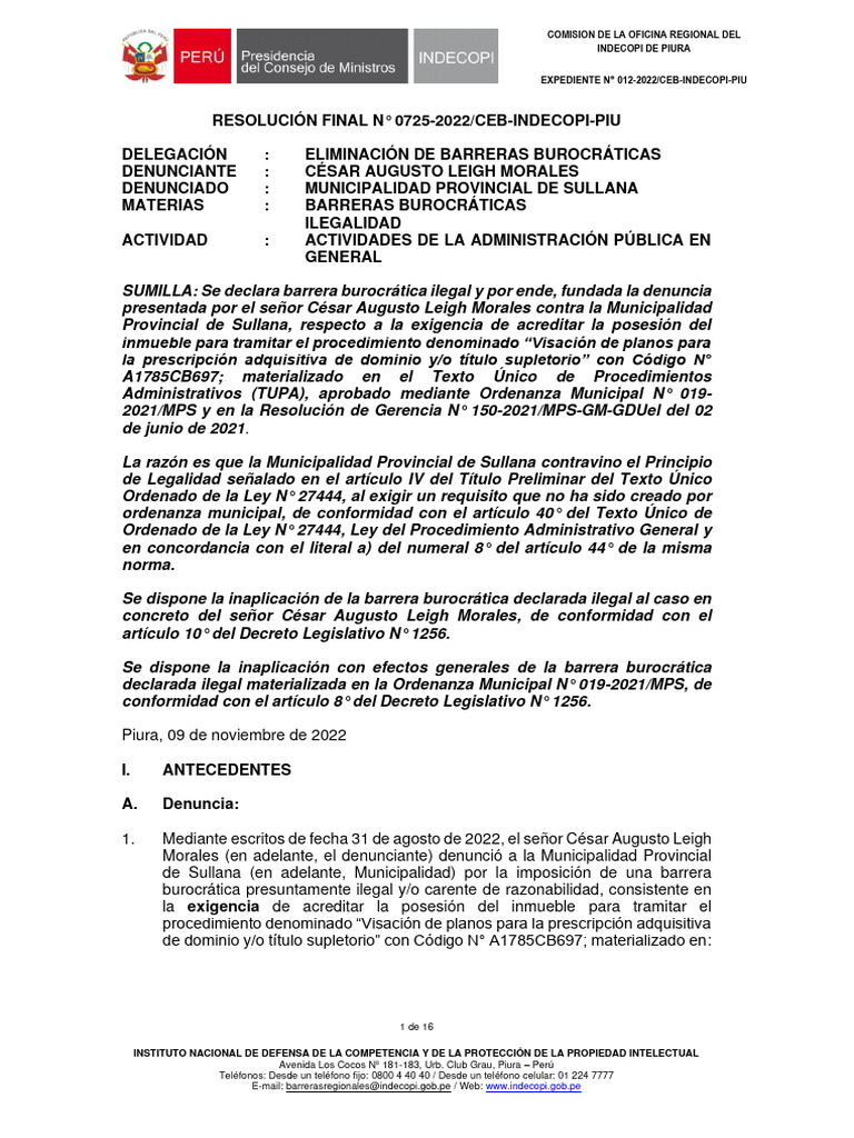 Resolución Final #0725-2022-PIU - Exp. 0012-2022-PIU | PDF ...