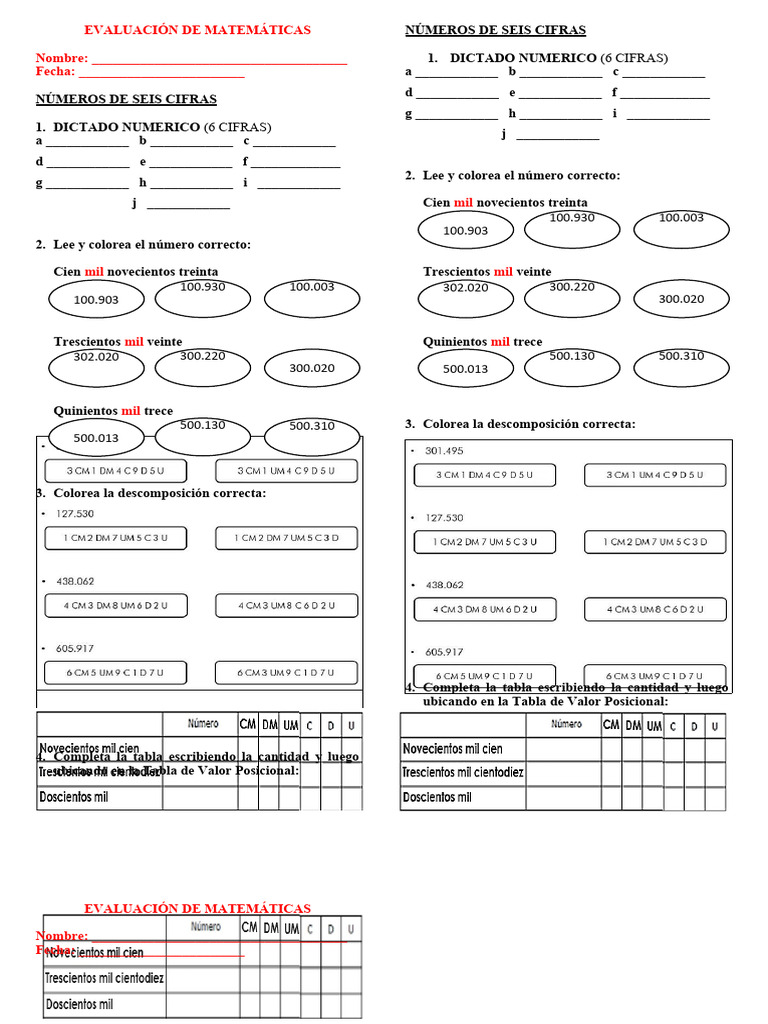 Evaluación de TVP y Lectura y Escritura Números de Seis Cifras | PDF