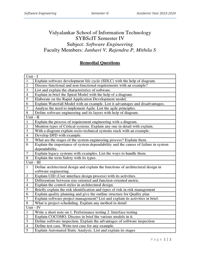 SE Remedial Questions 2023 24 | PDF | Software Development Process | Software Development