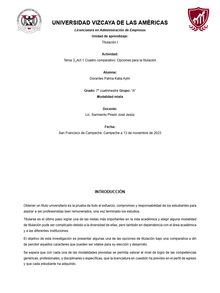 Tema 3 - Act 1 - Cuadro Comparativo Del Tema "Opciones de Titulación" | PDF | Evaluación ...