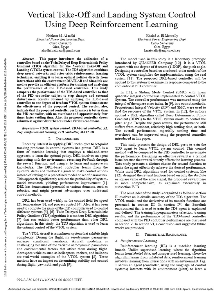 Vertical Take-Off and Landing System Control Using Deep Reinforcement Learning | PDF | Control ...