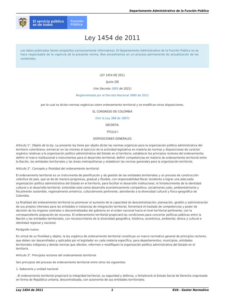 Ley 1454 de 2011: Ordenamiento Territorial | PDF | Planificación | Alcalde