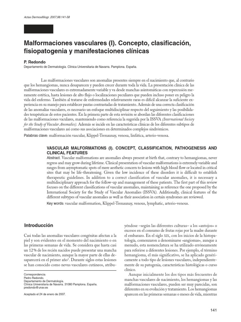 Malformaciones Vasculares (I) - Concepto, Clasificación, Fisiopatogenia y Manifestaciones ...