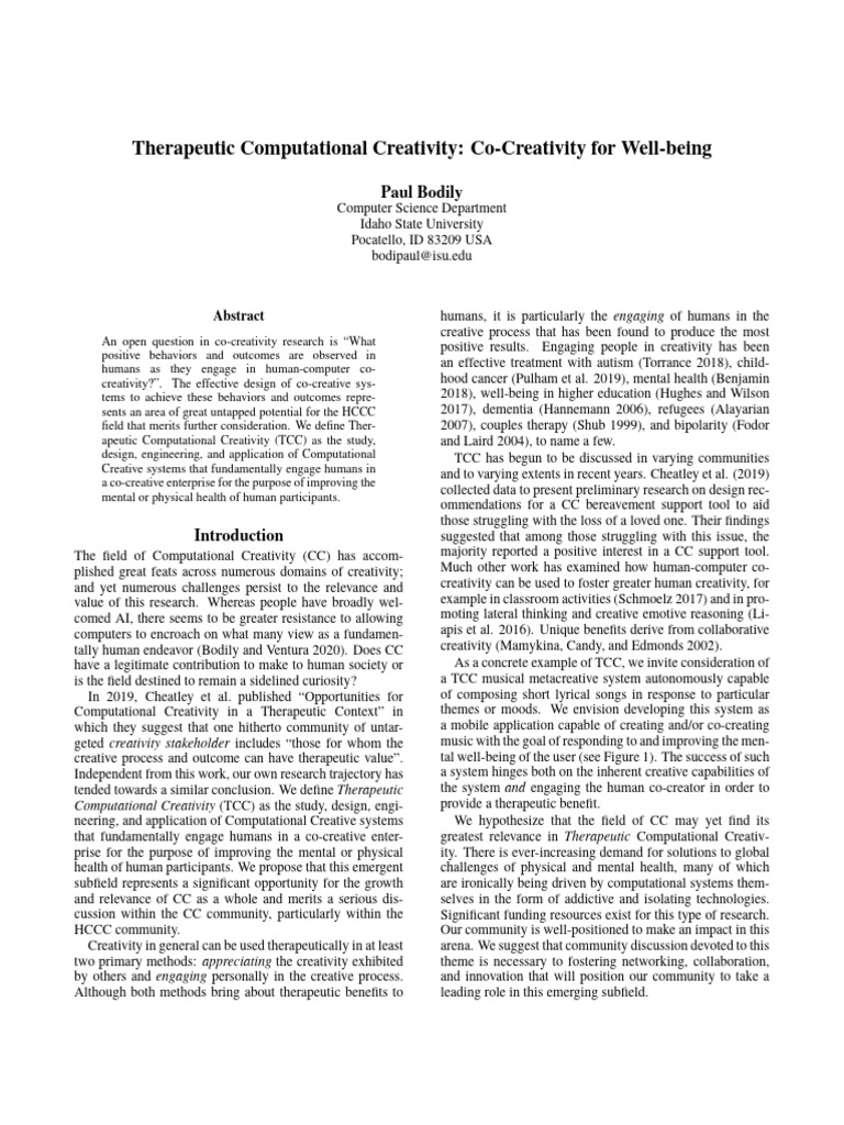 Therapeutic Computational Creativity Co-Creativity For Well-Being | PDF | Creativity | Psychotherapy